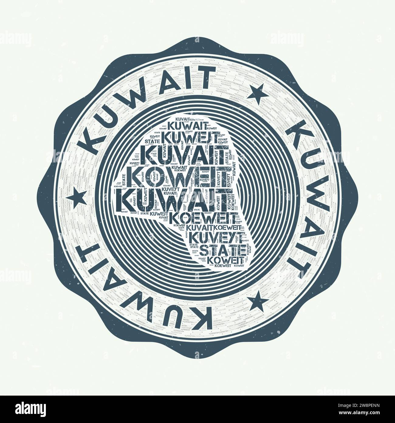 Kuwait seal. Country round logo with shape of Kuwait and country name ...