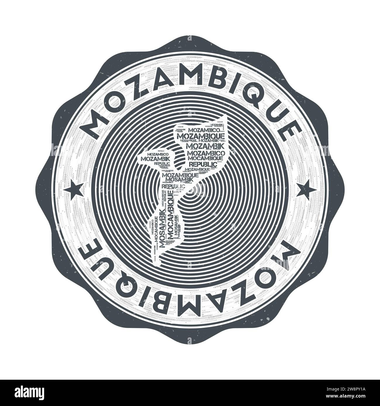 Mozambique seal. Country round logo with shape of Mozambique and ...