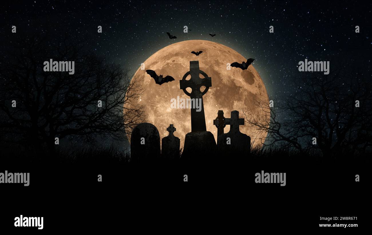 Scary Night Landscape With Red Full Moon, Graveyard With Crosses, Bats ...