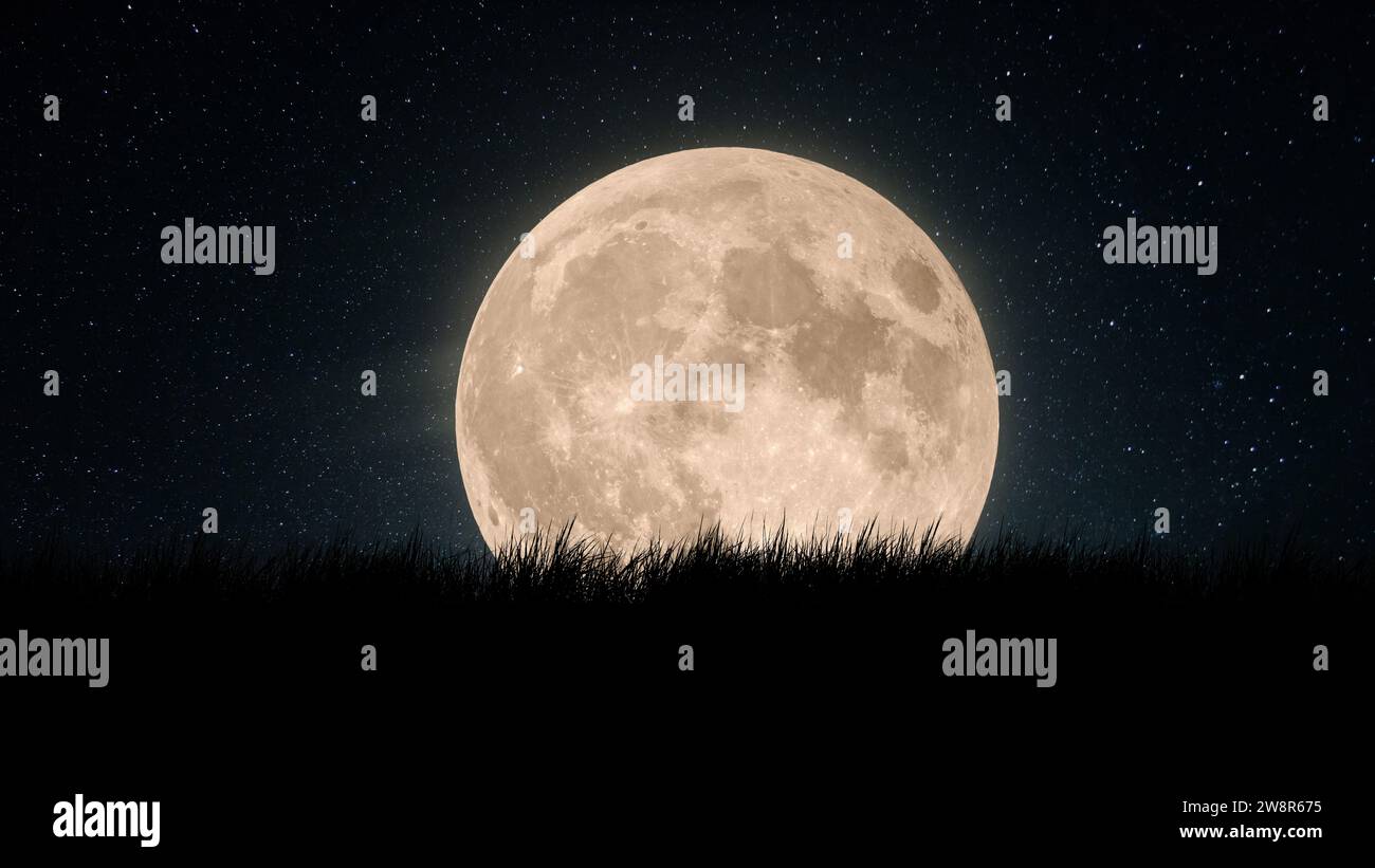 Big Amazing Full Moon With Grass And Starry Sky Stock Photo - Alamy