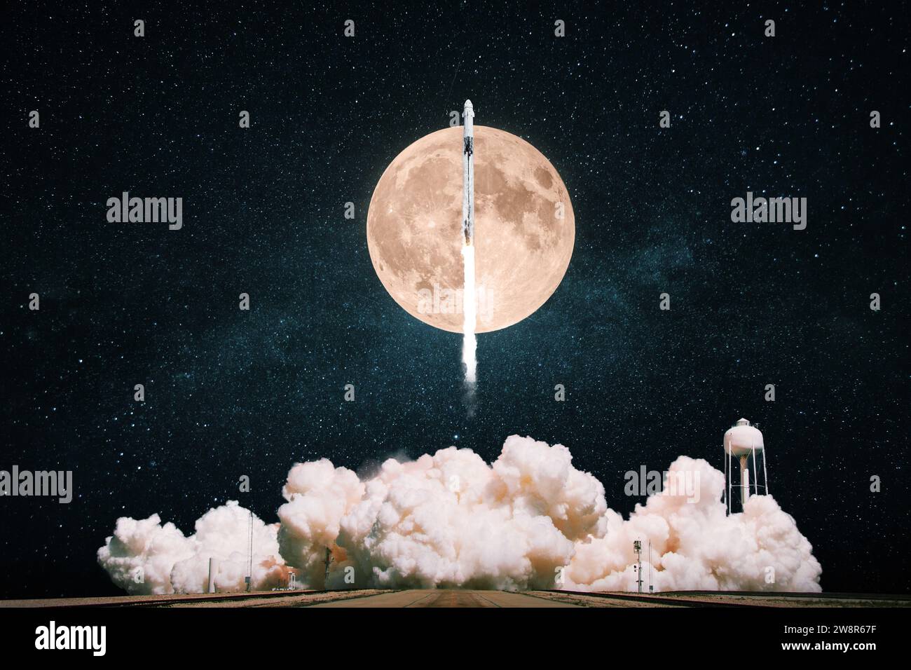 New Space Ship Rocket With Smoke And Clouds Lift Off Into The Starry ...