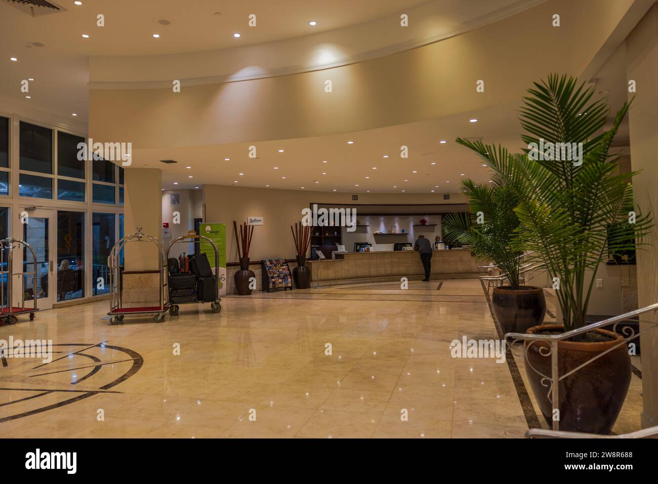 Beautiful view of the lobby of the Radisson hotel and a visitor at the ...