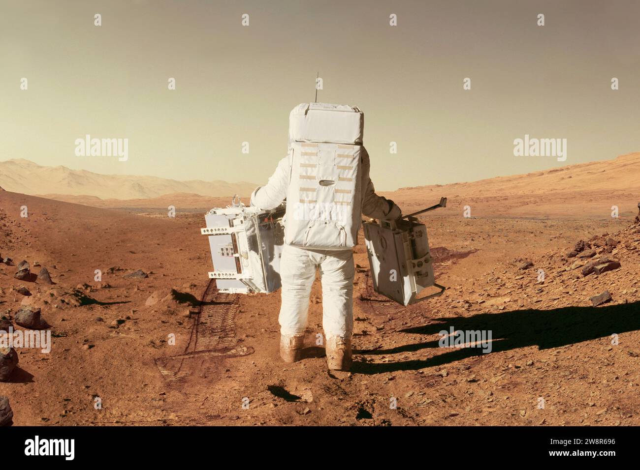 Spaceman Astronaut In A Space Suit With Equipment Goes Through The ...