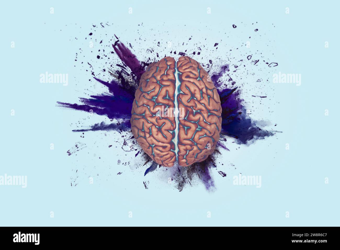 Creative Brain Explosion With Splatter On Blue Light Background ...