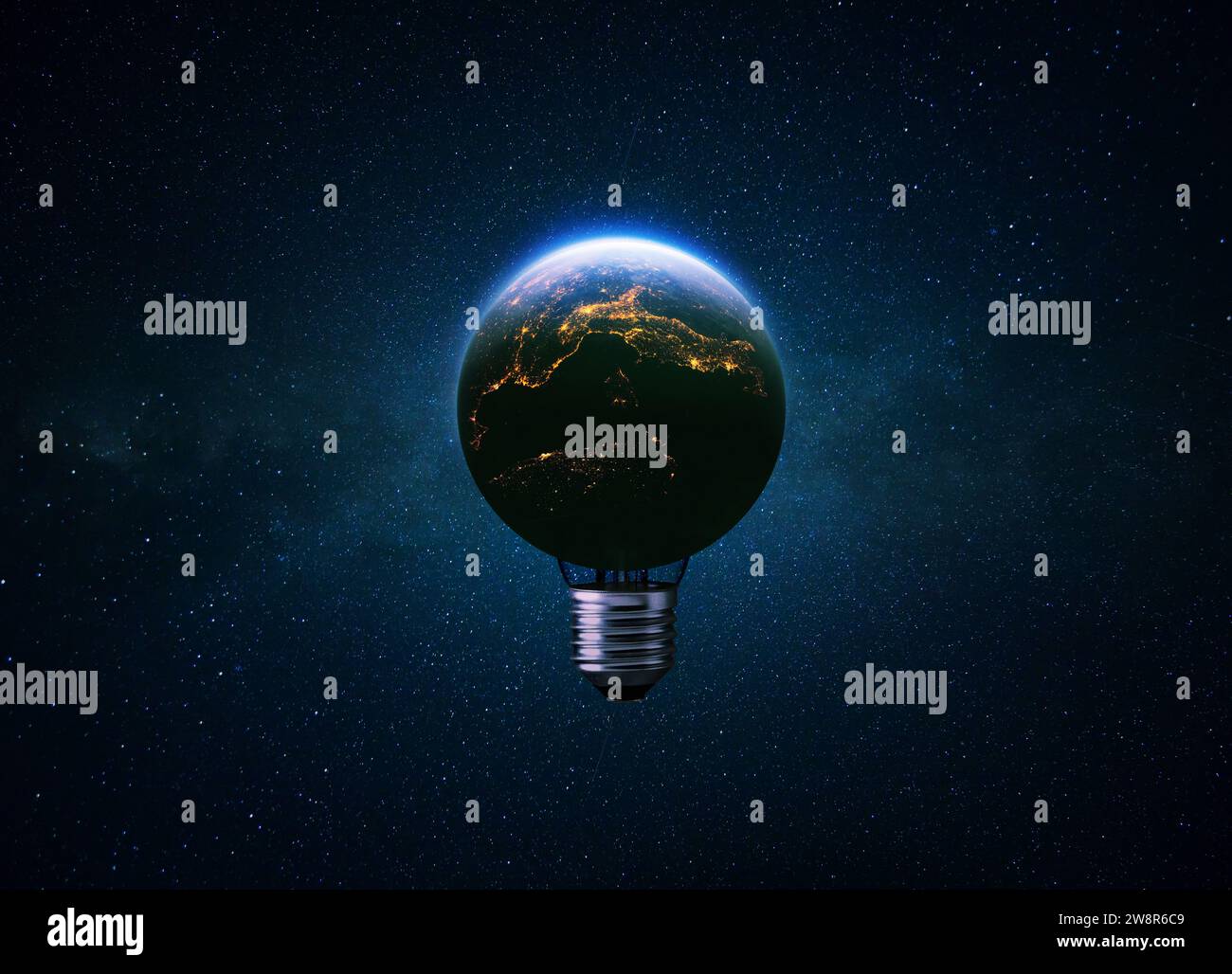 Light Bulb Blue Planet Earth With Glow Of Night Cities In Space ...