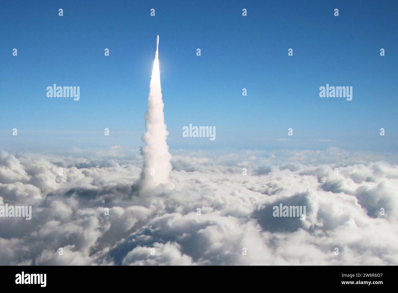 New Space Rocket Takes Off Through The Clouds Into Space. Spaceship ...