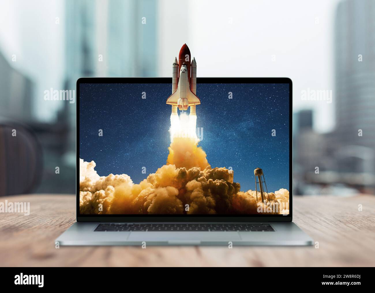 Space Rocket Shuttle With A Cloud Of Smoke And Blast Takes Off From A ...
