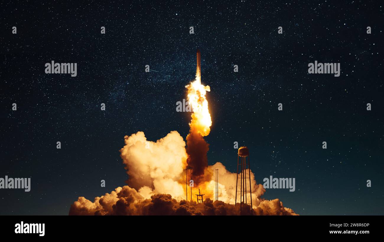 Space Rocket Ship Unsuccessfully Takes Off Into The Starry Night Sky ...