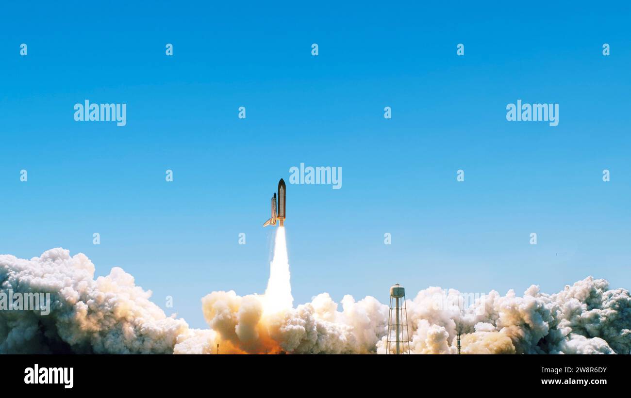 Spaceship Rocket Shuttle With Clouds Of Smoke Successfully Takes Off In ...