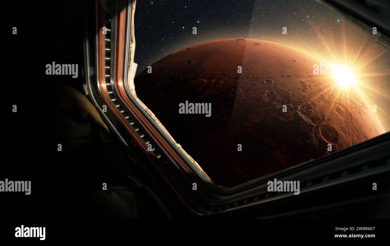 Spaceship Flies Near The Amazing Red Planet Mars, View From The Window ...