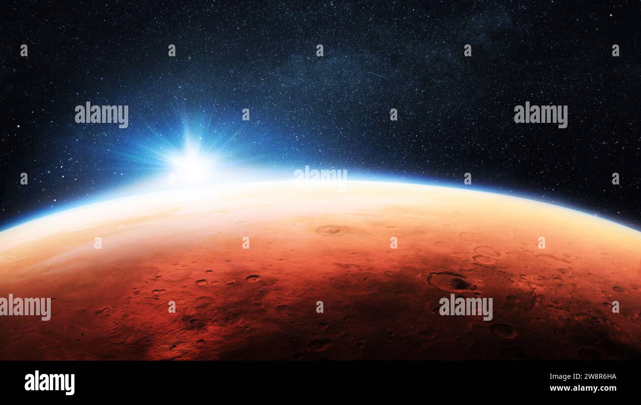 Amazing Red Planet Mars With Craters And Beautiful Blue Sunset In Space ...