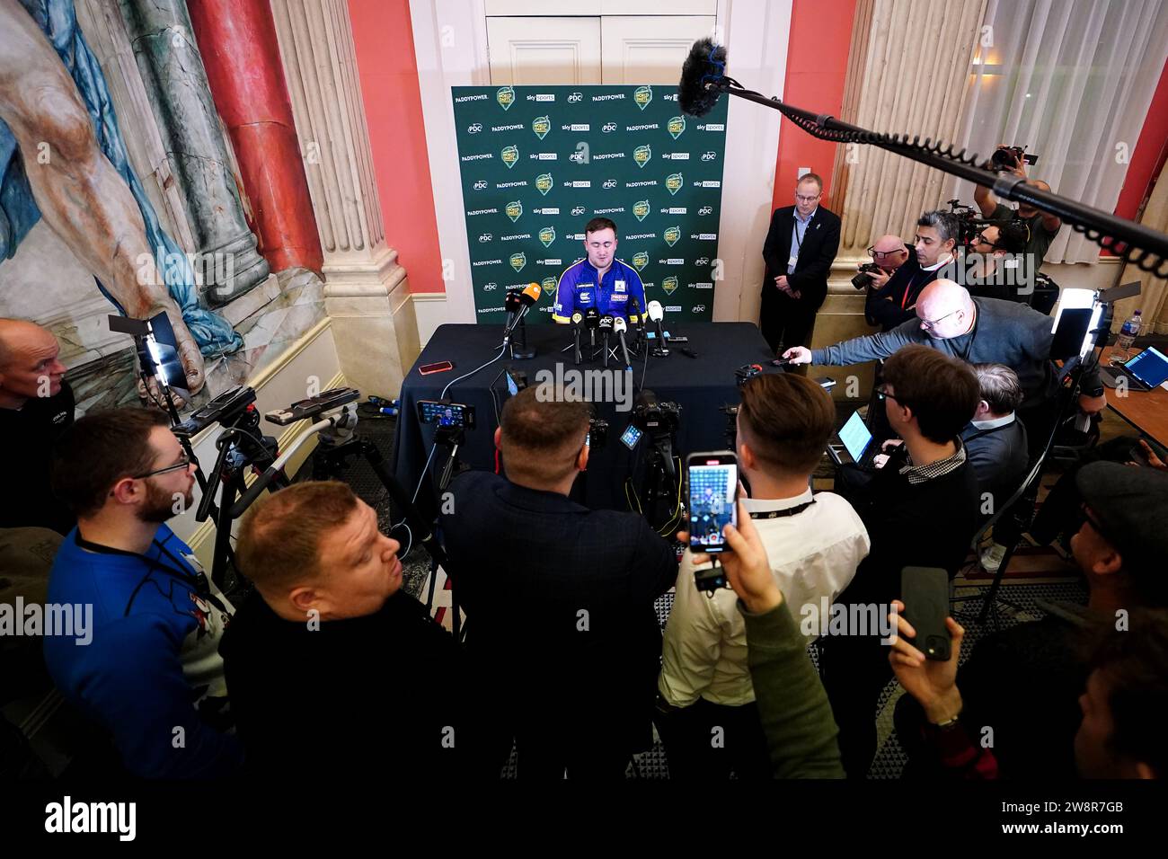 Luke Littler speaks to the media after his match against Andrew Gilding ...