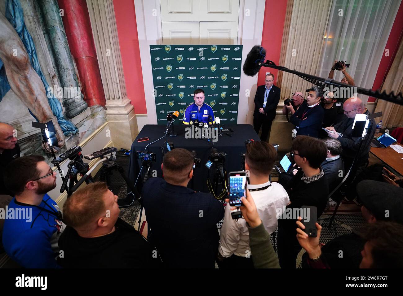 Luke Littler speaks to the media after his match against Andrew Gilding ...