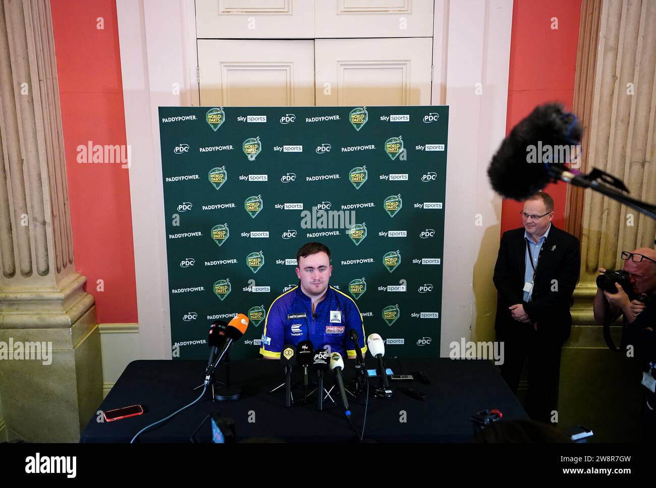 Luke Littler speaks to the media after his match against Andrew Gilding ...