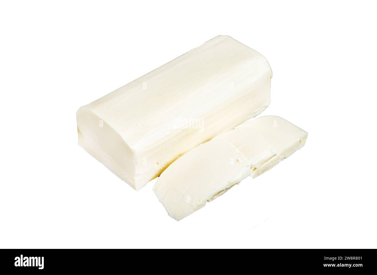 Butter Margarine block in a wooden tray with herbs. Isolated on white ...