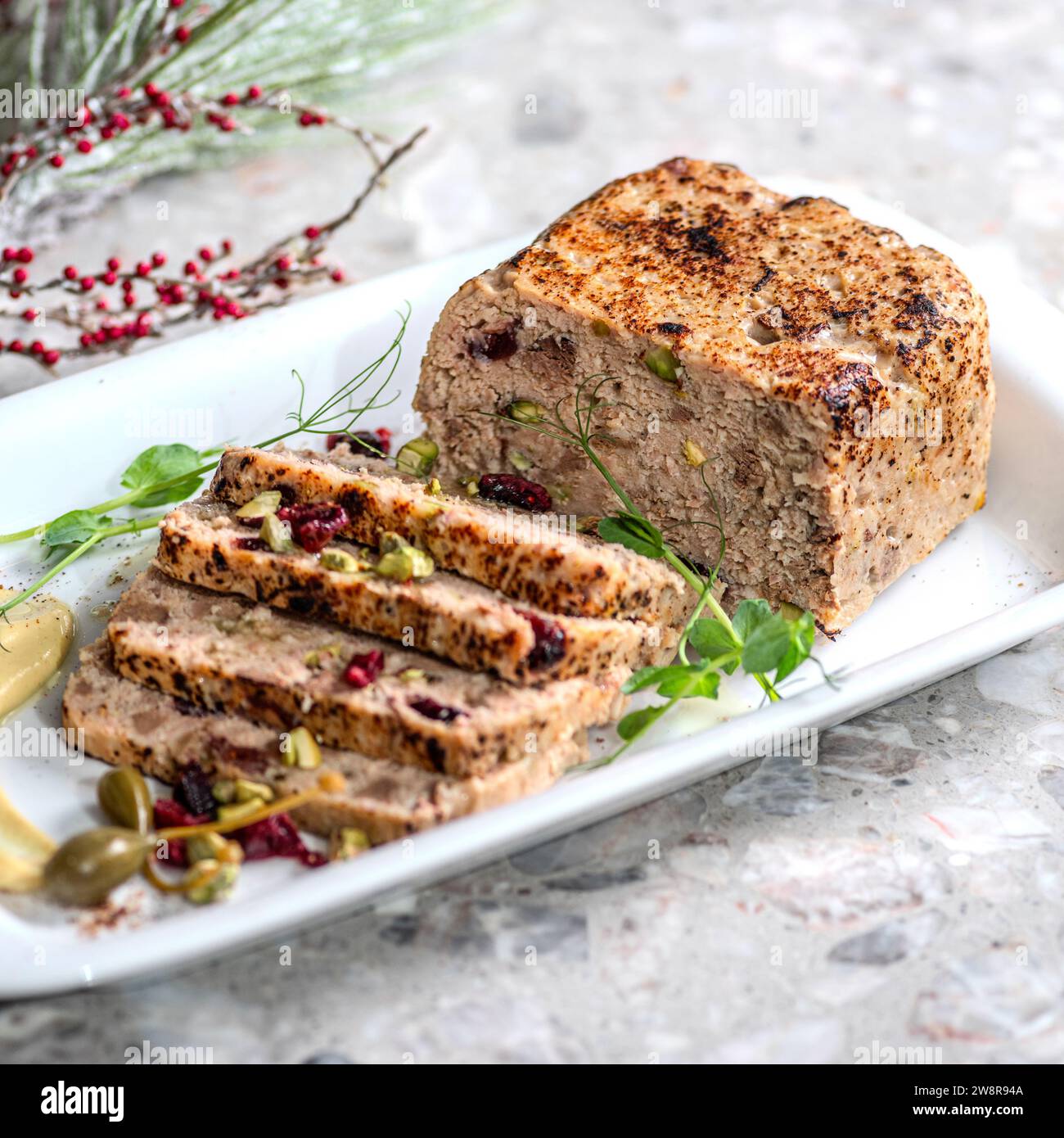 Duck terrine with cistachios and dried cranberries. Restaurant menu ...
