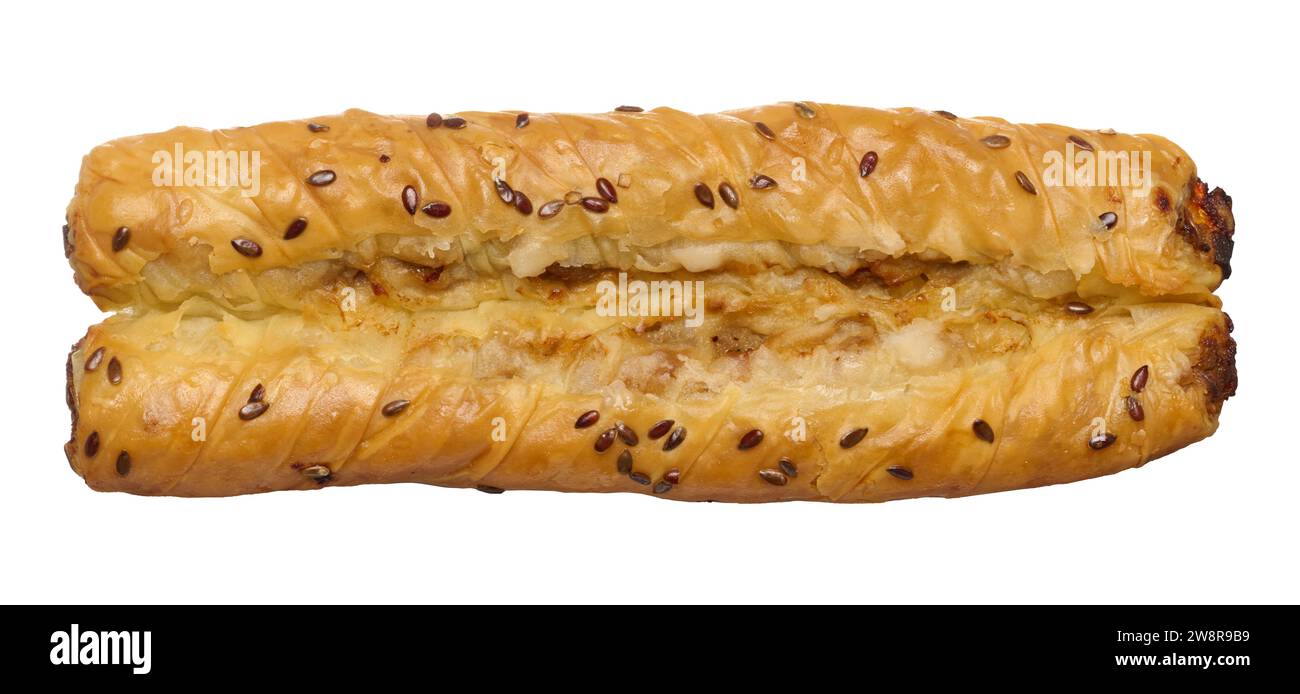 Baked rollini with filling and sprinkled with sesame seeds, top view ...