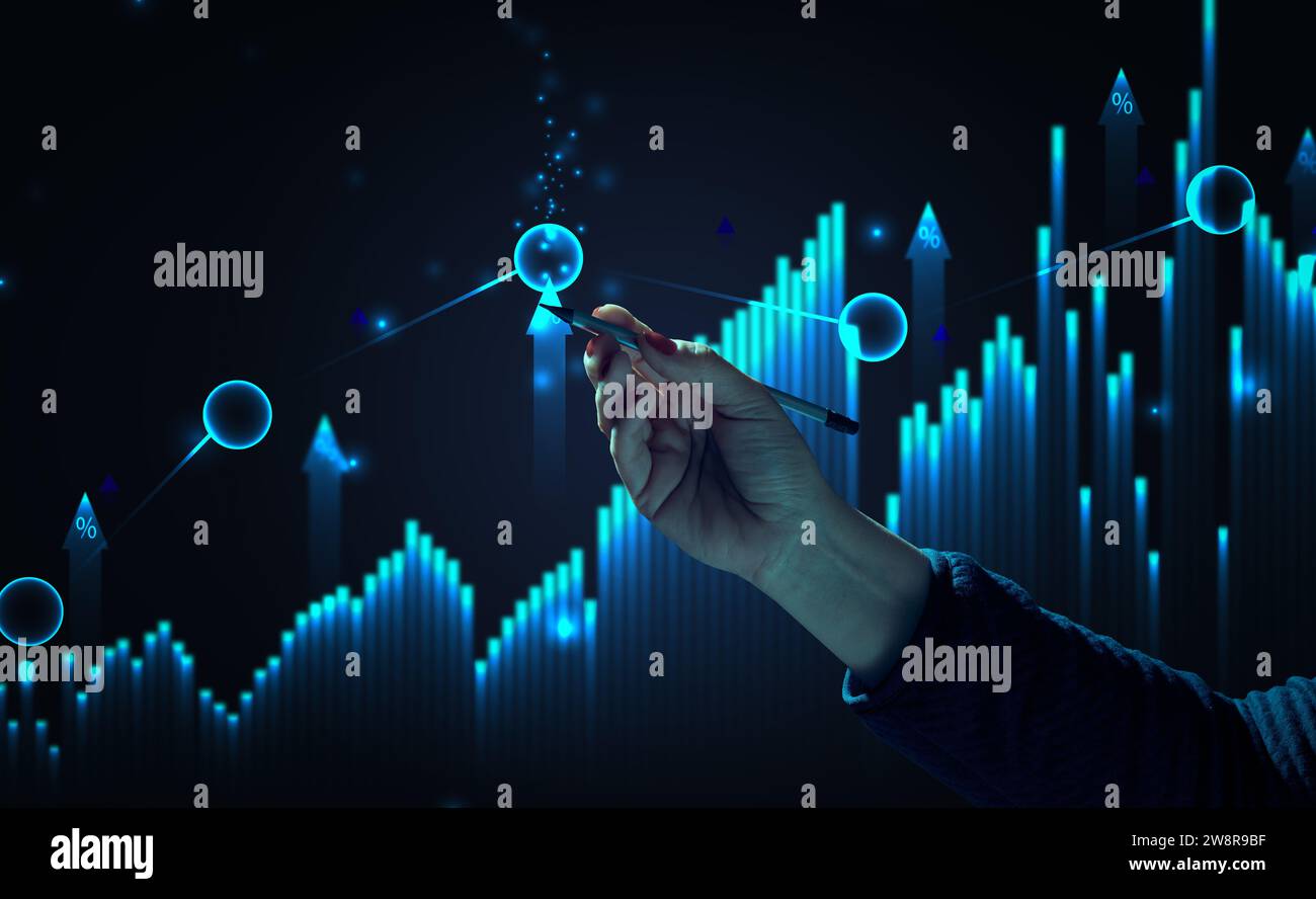 Holographic graph with growing indicators and a woman's hand with a pen ...