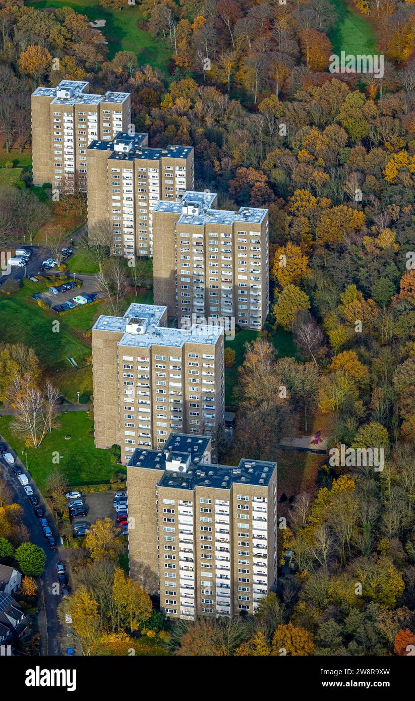 Aerial view, Five residential high-rise buildings at the golf course ...
