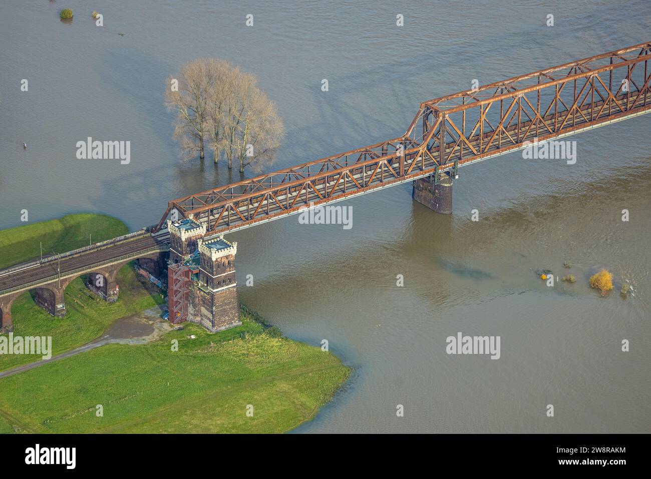 Aerial view, Hochfelder railroad bridge with bridge tower Rheinhausen ...