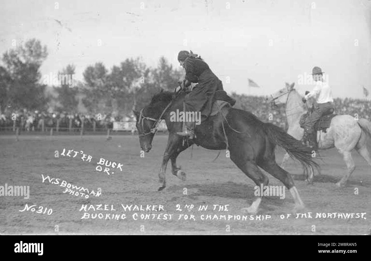 Woman bronco rider, Hazel Walker, at the Pendleton Round-Up, Pendleton ...
