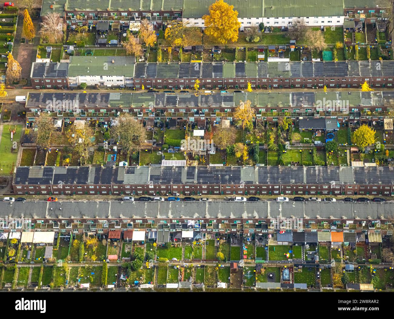 Aerial view, Dickelsbachsiedlung, terraced brick houses housing estate ...