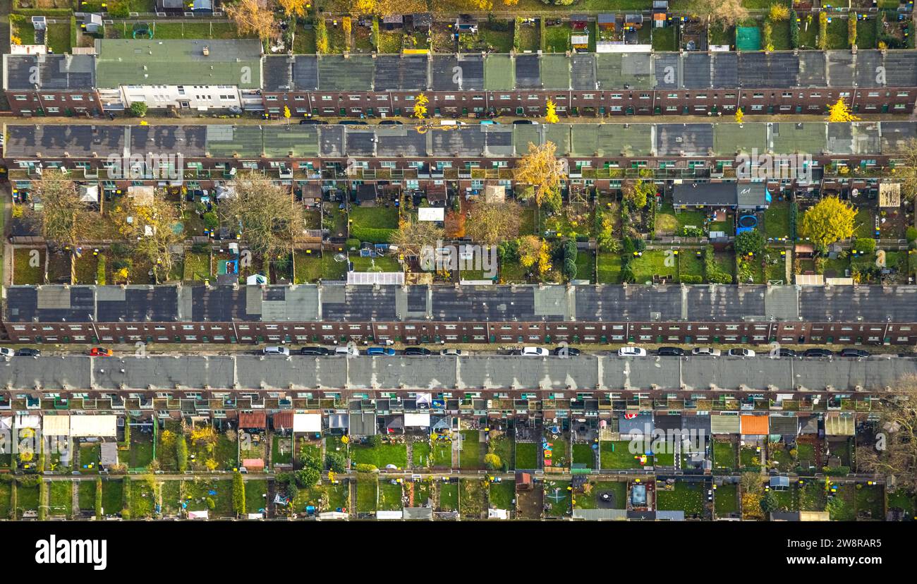 Aerial view, Dickelsbachsiedlung, terraced brick houses housing estate ...
