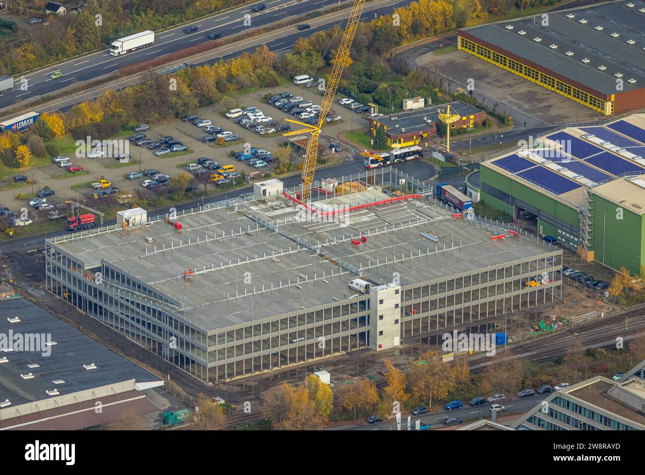 Aerial view, commercial area with construction site and new building ...