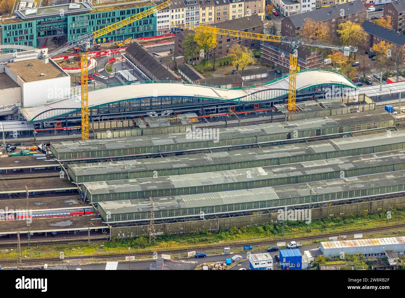 Aerial view, main station Hbf construction site with new track hall and ...