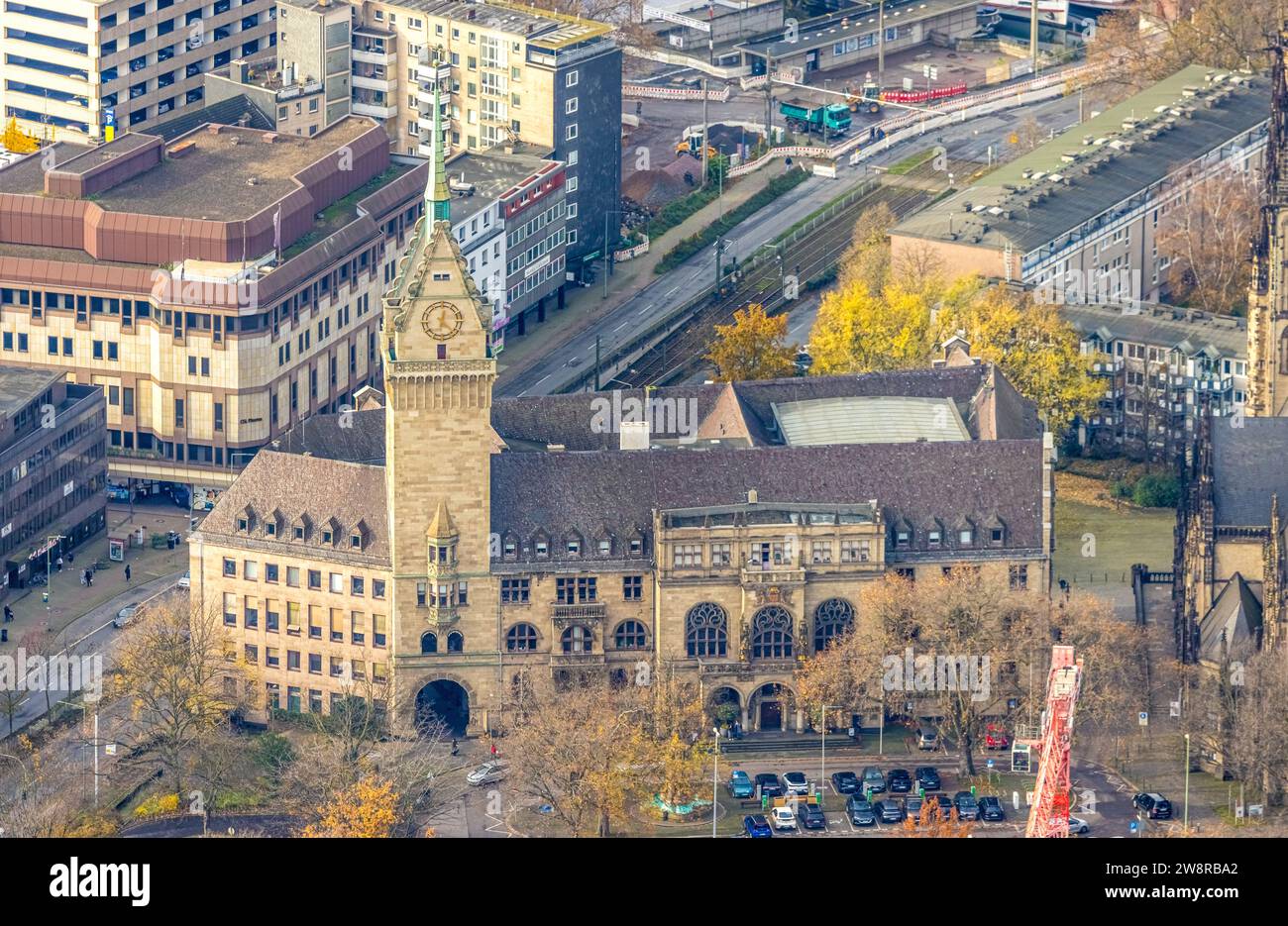 Aerial view, town hall at the inner harbor, surrounded by autumnal ...