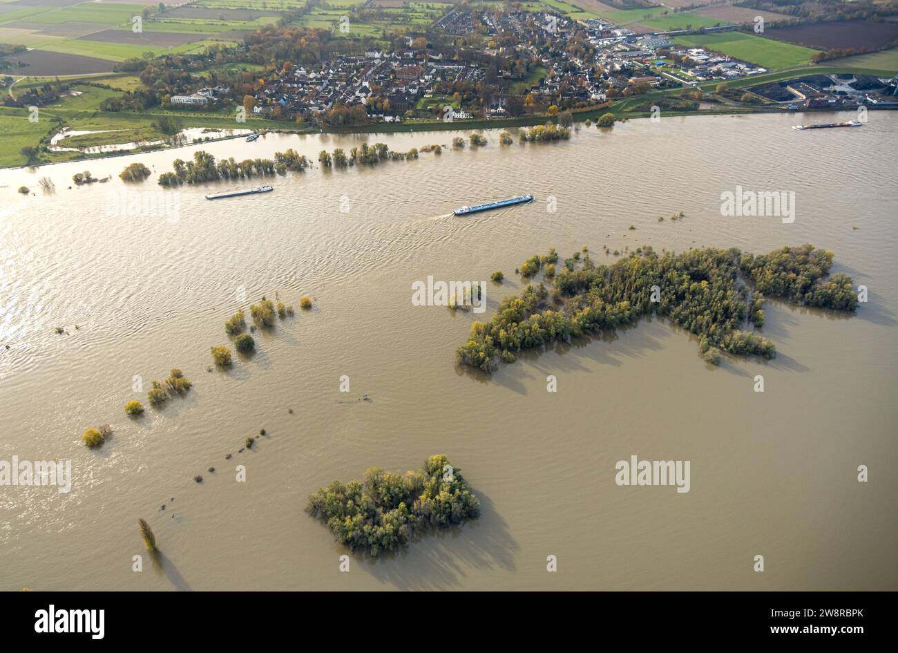 Aerial view, river Rhine with high water and inland navigation ...