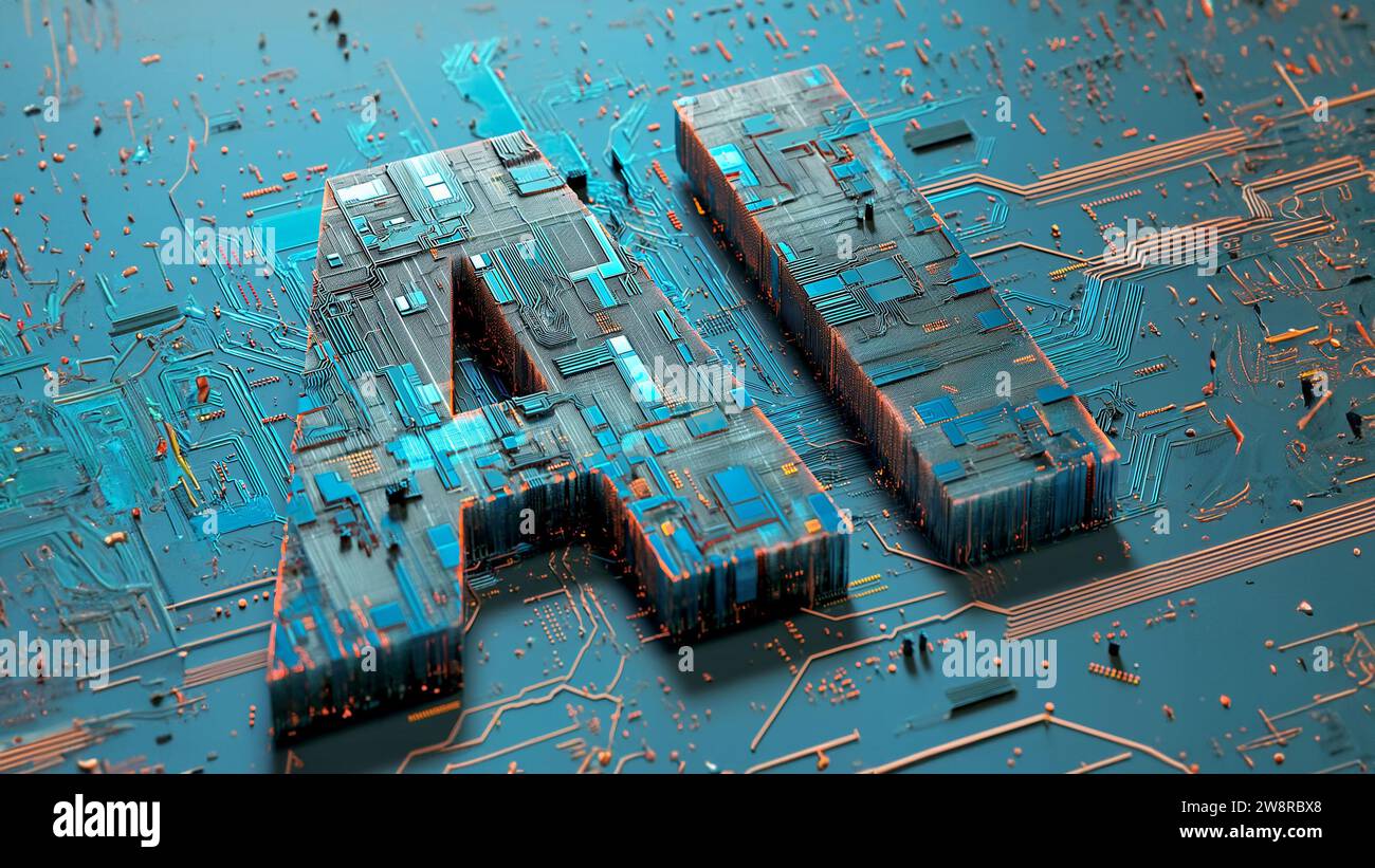 AI rendered in vibrant copper circuits on a turquoise motherboard ...