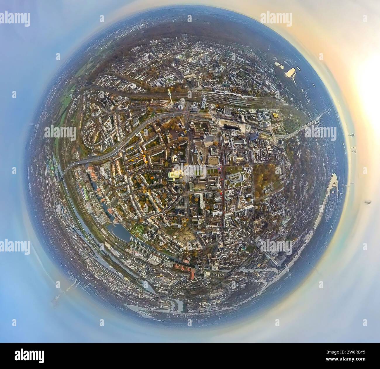 Aerial view, city center view with central station, residential area ...
