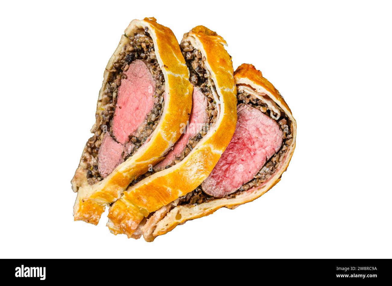 Sliced Beef Wellington pastry Isolated on white background, top view ...