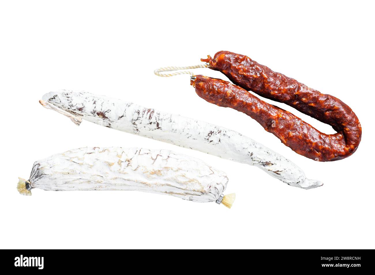 Spanish salami, fuet and chorizo sausages Isolated on white background ...