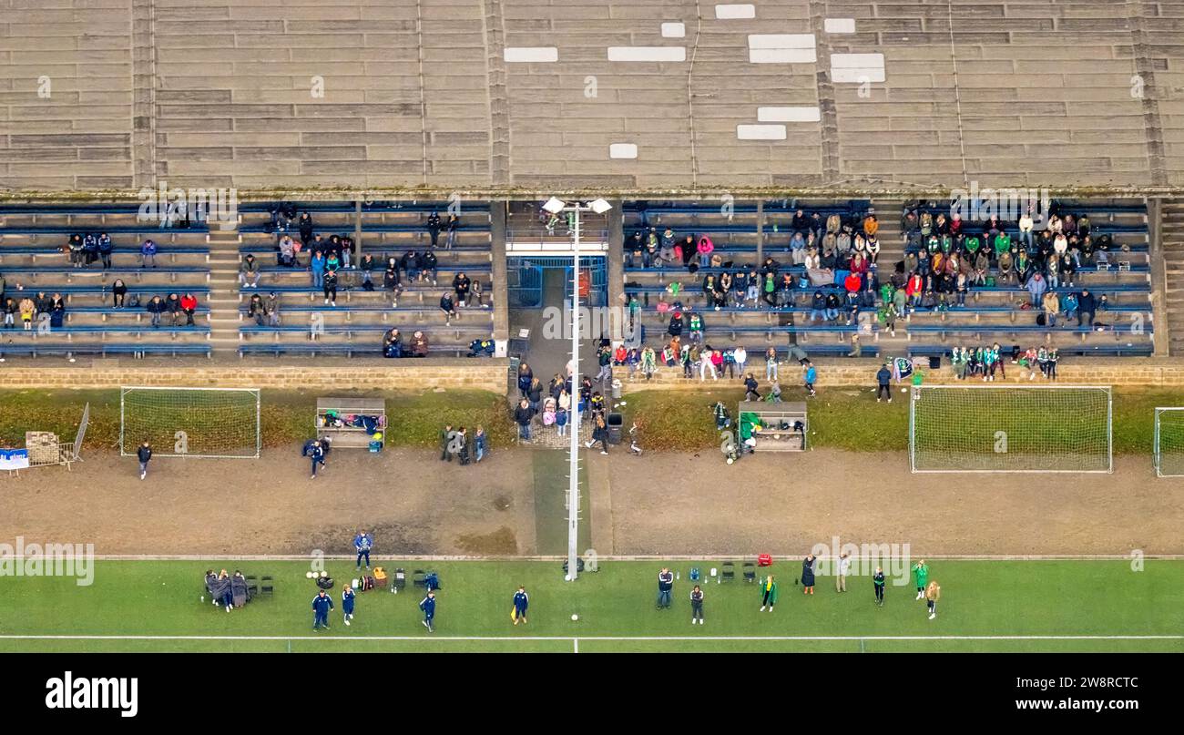 Aerial view, grandstand and spectators with coaches at the edge of the ...