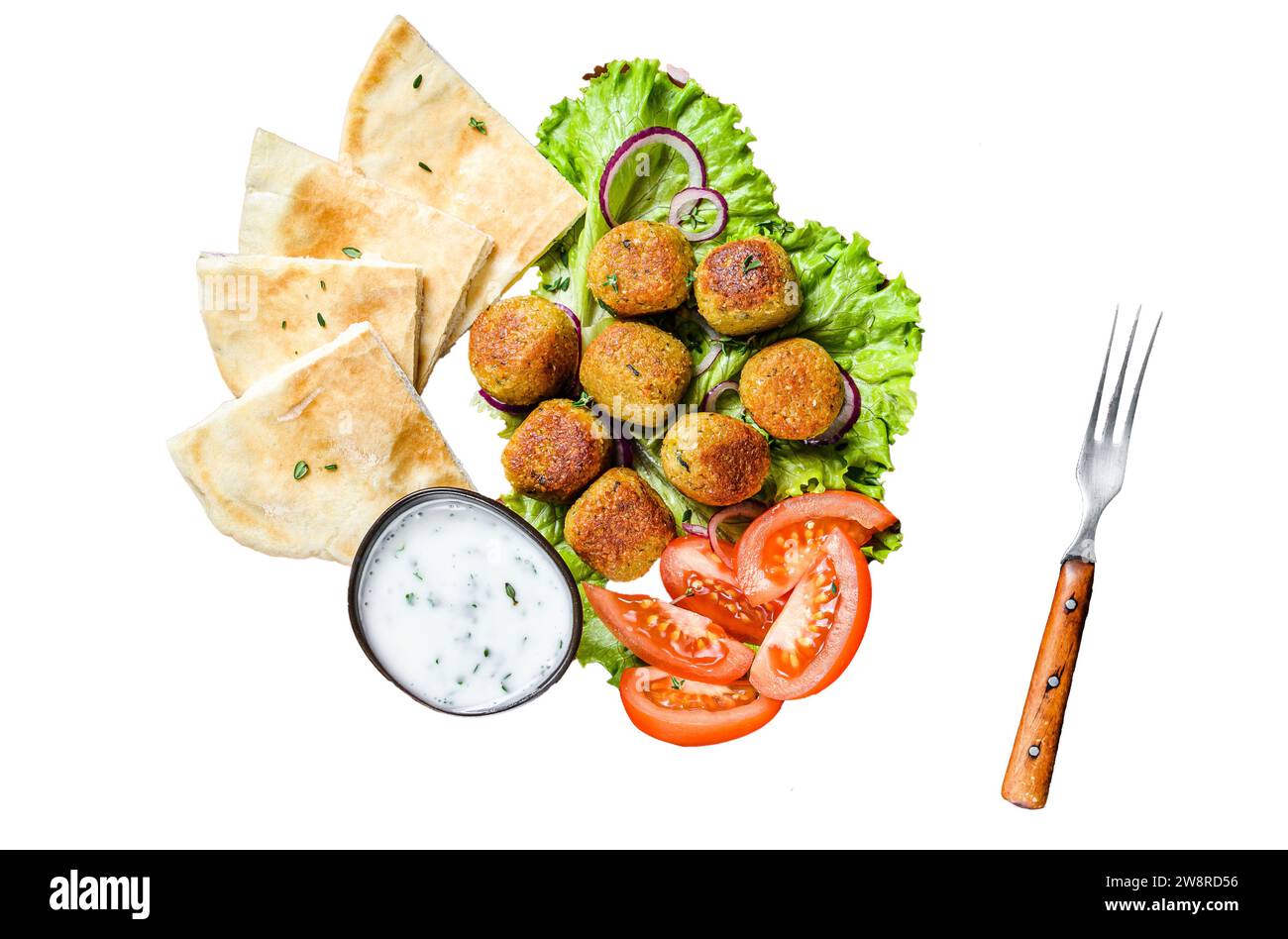 Vegetarian falafel with pita bread, fresh vegetables and sauce Isolated ...