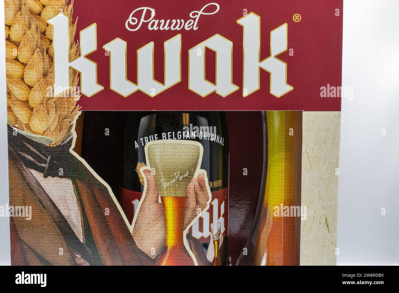 Kyiv, Ukraine - December 04, 2022: Studio shoot of Kwak beer box closeup on white background ...
