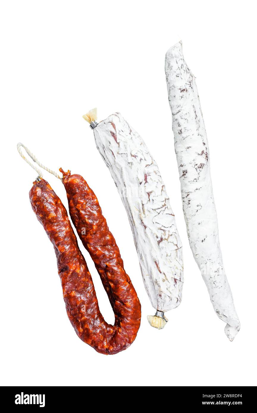 Spanish salami, fuet and chorizo sausages Isolated on white background ...