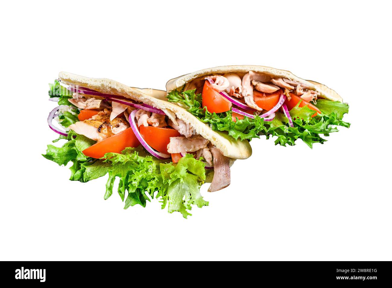 Doner kebab with grilled chicken meat and vegetables in pita bread ...