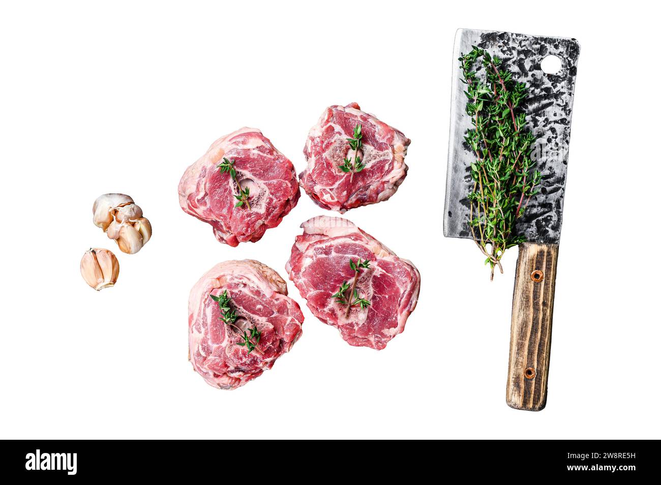 Raw mutton lamb neck meat on a butcher board with cleaver. Isolated on ...