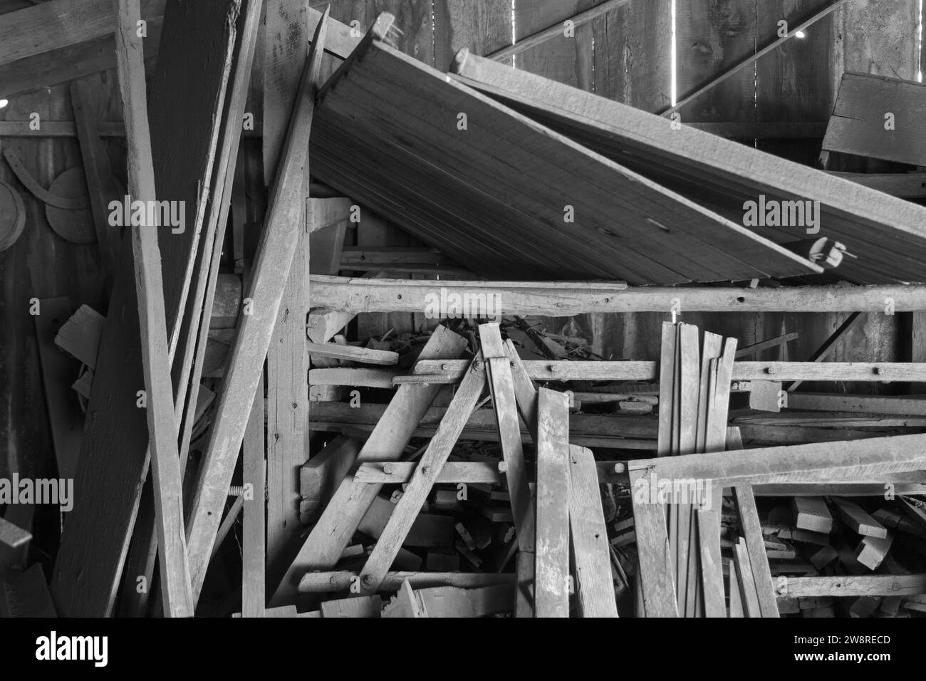 Old barn full of wood scraps at a farm in the Salinas Valley of ...
