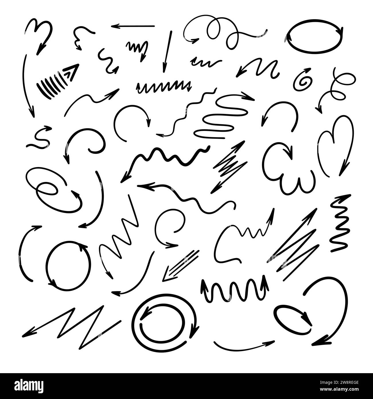 Arrows set simple hand drawn vector illustration, free form curved, straight signs pointing ...