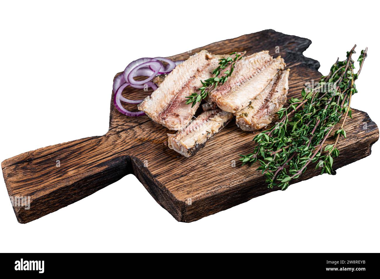 Sardine fish fillet in olive oil on wooden board. Isolated on white ...