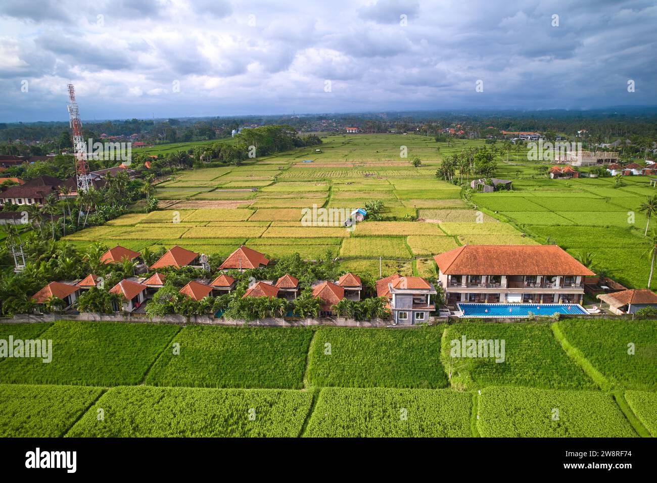 An aerial view of buildings in a rice field. A hotel complex with ...