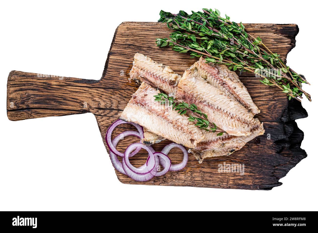 Sardine fish fillet in olive oil on wooden board. Isolated on white ...