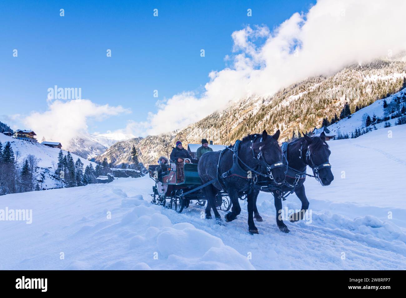 Hüttschlag: horse sled, Großarler Ache Valley, wooden huts, mountains ...