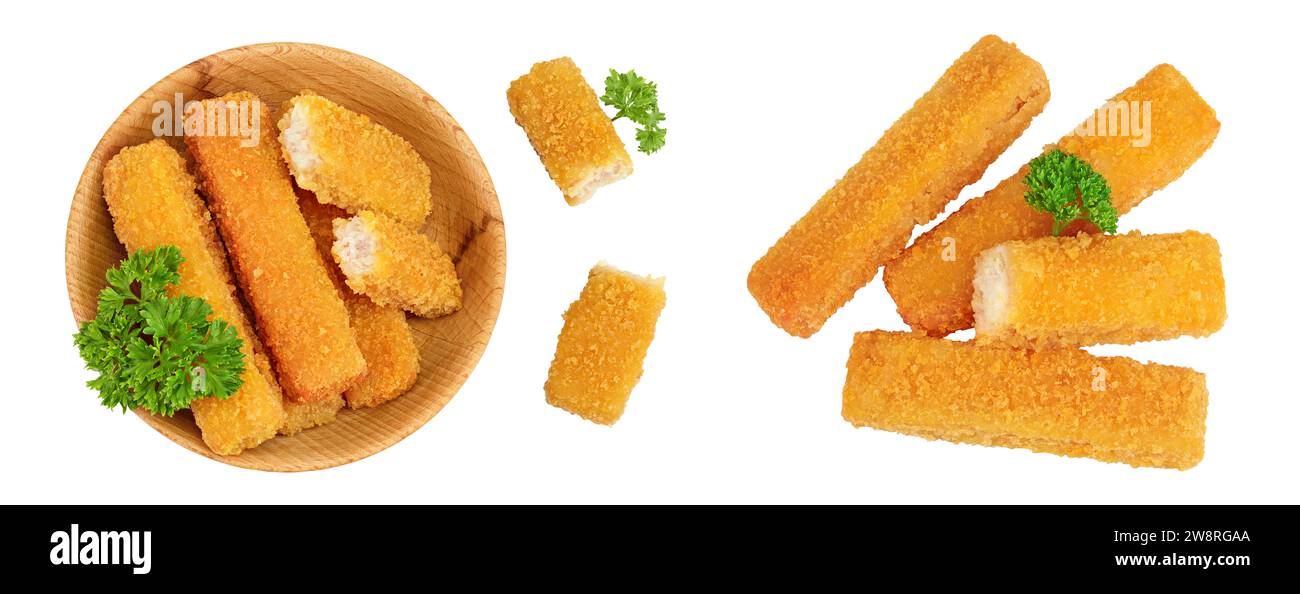 Fish finger or stick with parsley in wooden bowl isolated on white ...