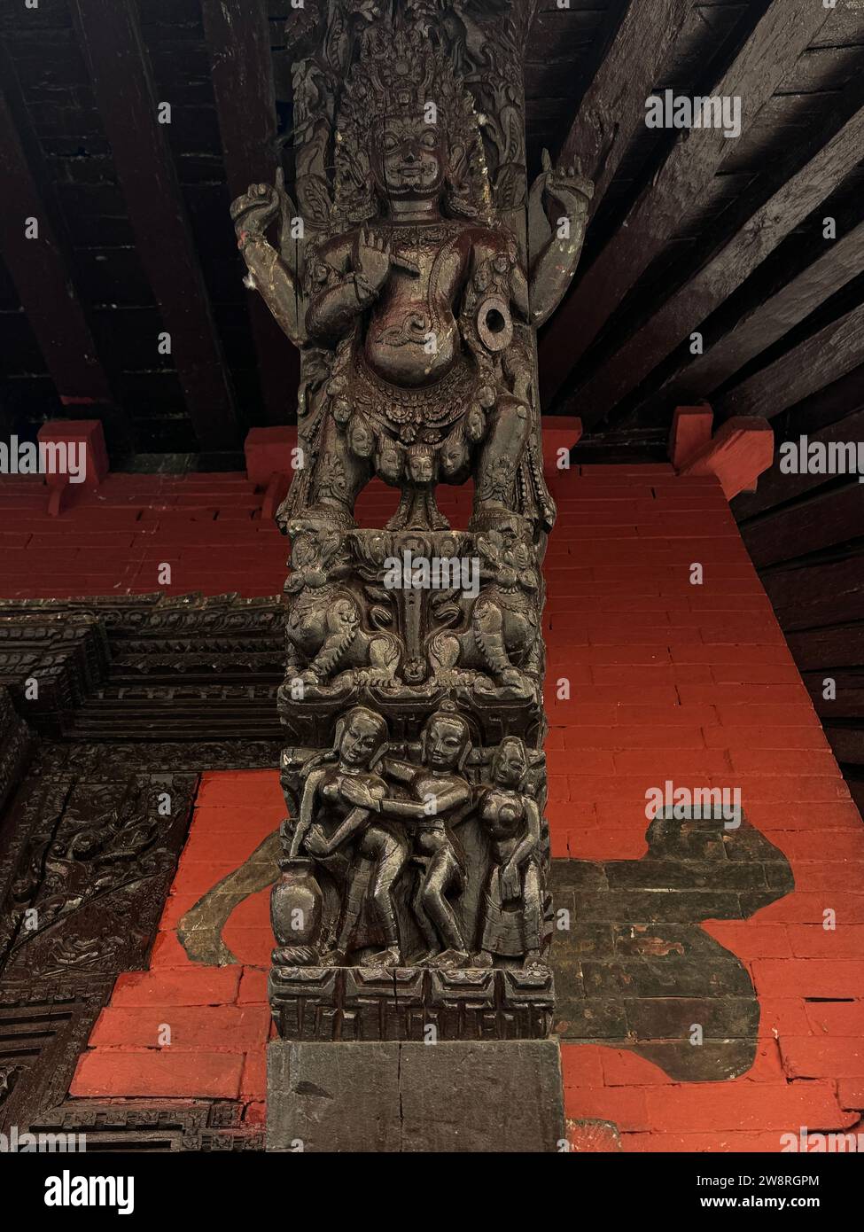 Hand carved tantric temple strut at the Hindu temple of Pashupatinath ...