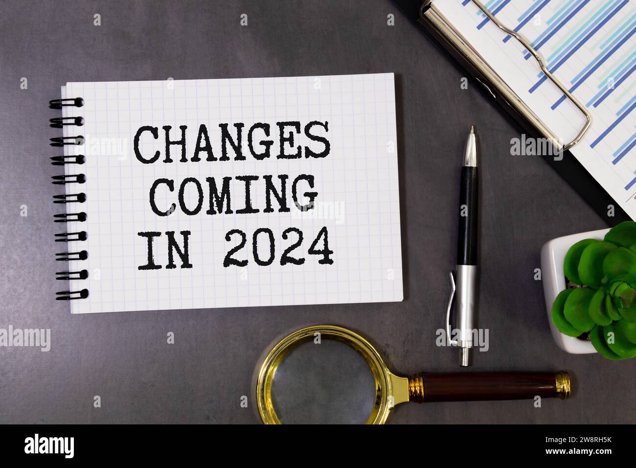 White notepad with text CHANGES COMING IN 2024 and office tools on the ...
